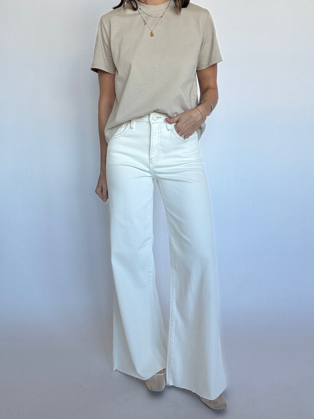 Risen High Rise Wide Leg Jeans - Cream Stretch Denim | Teddy + Rose